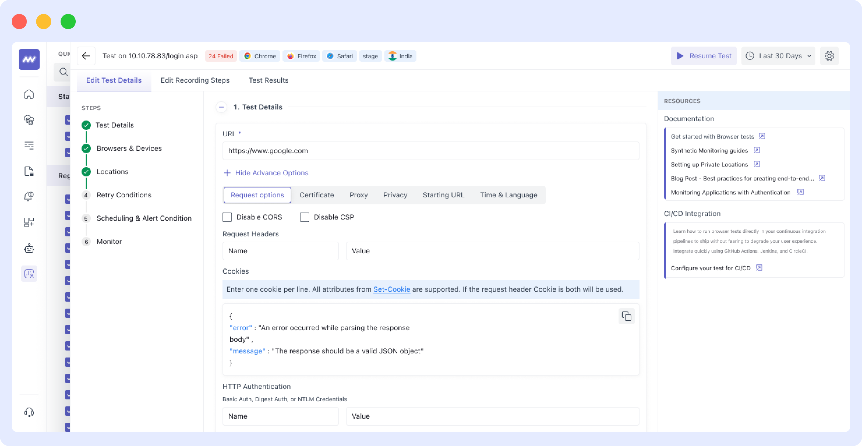 Set Up Browser Tests Monitoring with Middleware